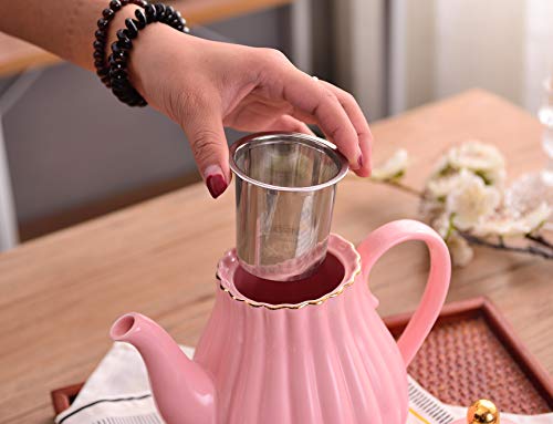 Jusalpha Fine China Pink Coffee Cup/Teacup Set, 7 OZ Cups& Saucer Service for 4, with Teapot-Sugar Bowl-Cream Pitcher Teaspoons and tea strainer for Tea/Coffee, 17-Pieces (TW Full set)