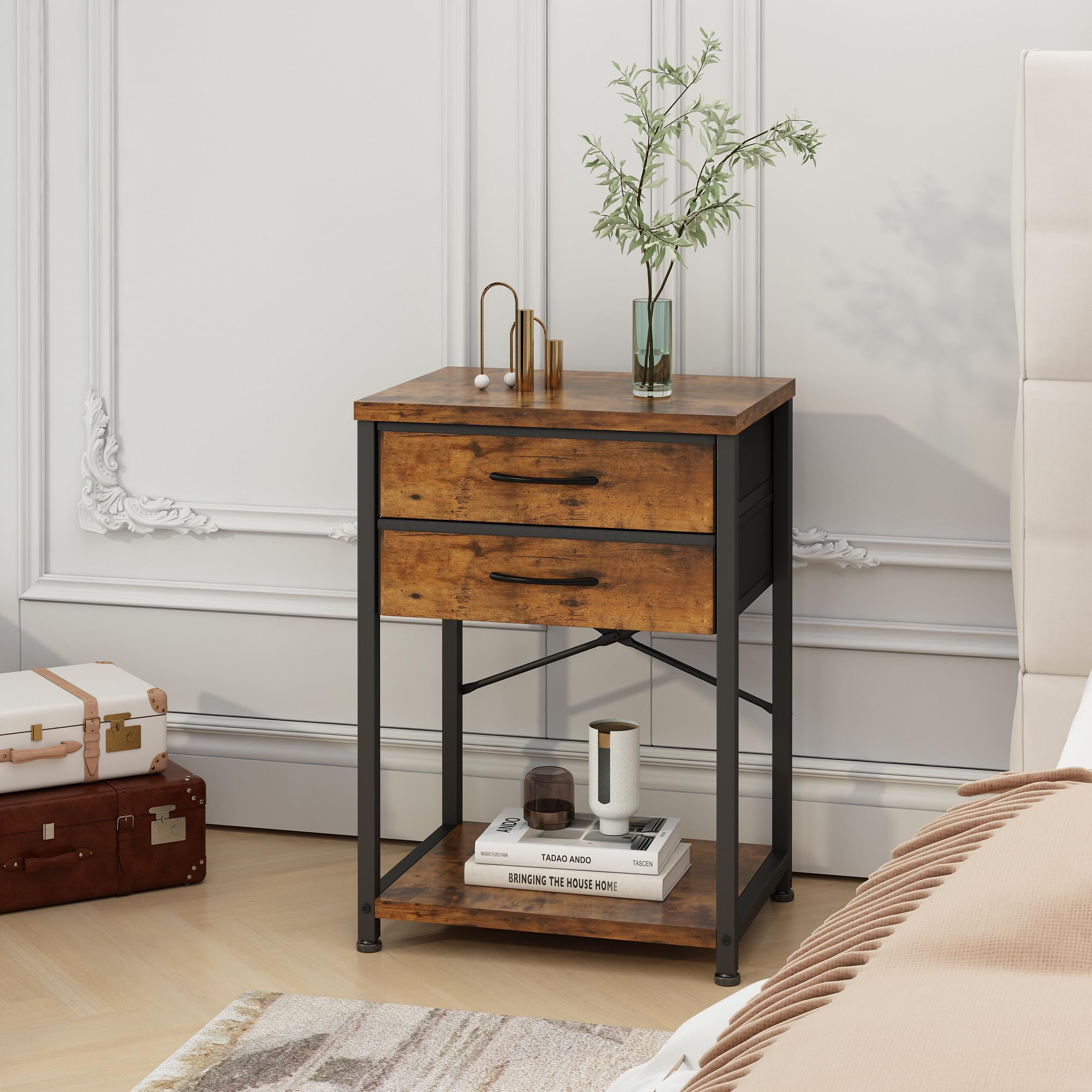 TigerDad Tall Nightstand with 2 Fabric Drawers, End Table with Storage Shelves, Bedside Table for Bedroom, Living Room, Small Space, Set of 2, Rustic Brown