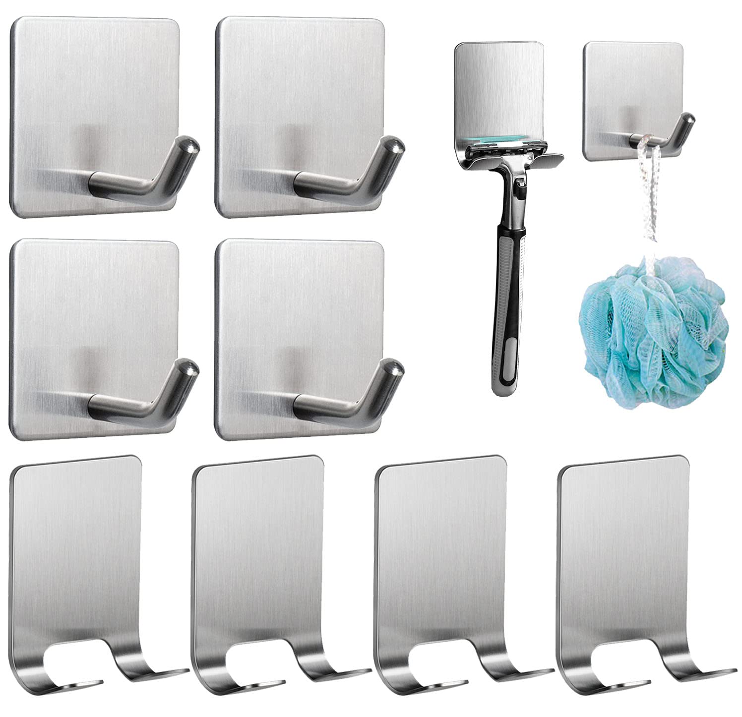 Aobvrey 8 Pack Adhesive Hooks, 4 Pack Razor Holder for Shower and 4 Heavy Duty Waterproof Sticky Hooks for Hanging Towels, Loofah, Coat, Hat (Silver)