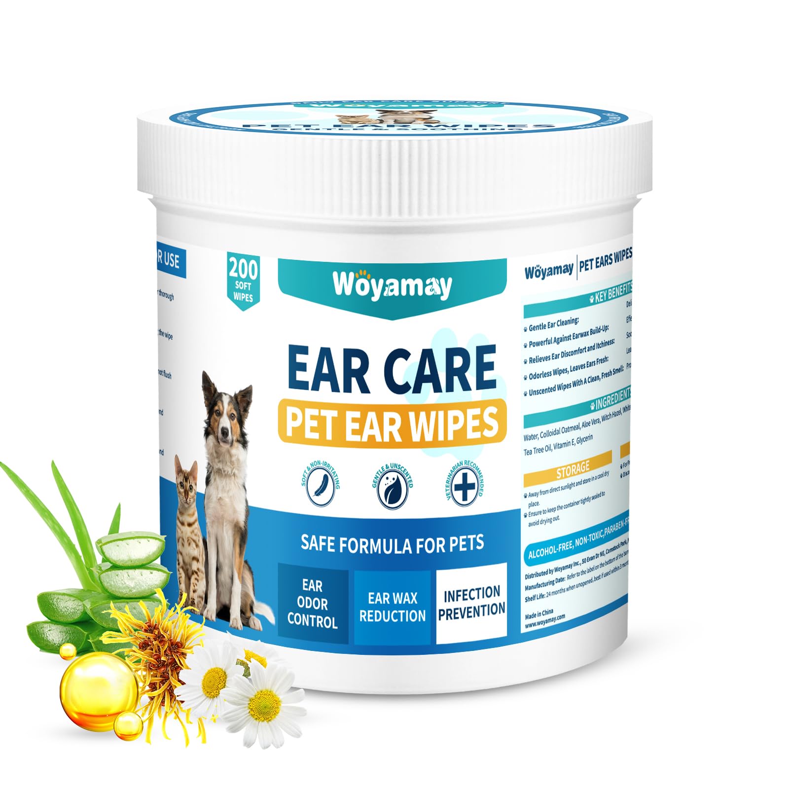 Woyamay Ear Wipes for Pet, 200PCS Pet Ear Cleaning Wipes Wash Cleaner for Dogs Cats - Ear Wipes for Dogs Cats, Remove Ear Wax Dirt Debris for Dogs Cats