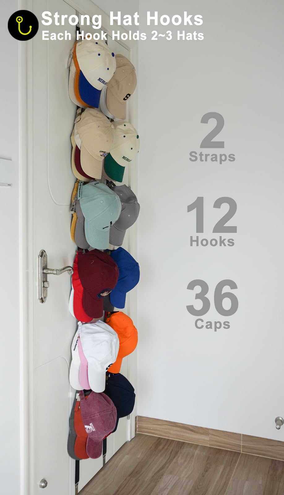 ETOWIFA Hat Organizer Rack for Baseball Caps [Up to 36 Hats] Hat Display Storage Over The Door/Closet/Wall, Hat Hanger with 2 Straps & 12 Hooks, Space-Saving Room/Dorms Organization