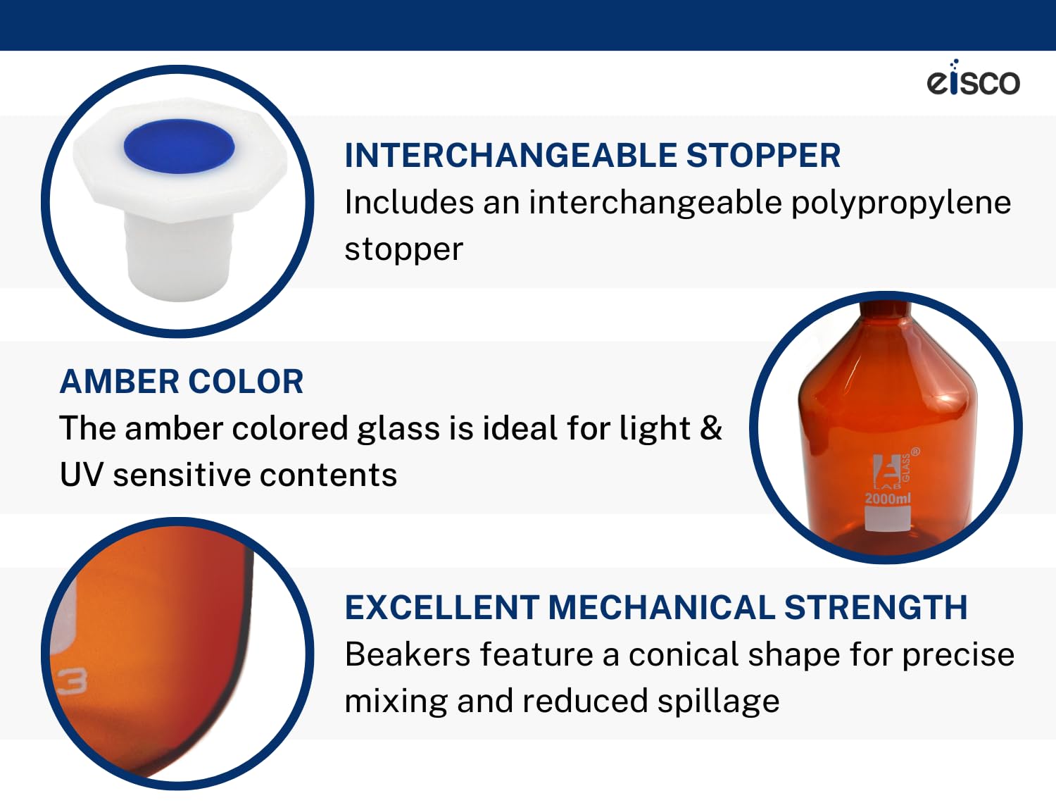EISCO Labs 125ml Amber Reagent Bottle, Narrow Mouth with Acid Proof Polypropylene stopper, socket size 19/26