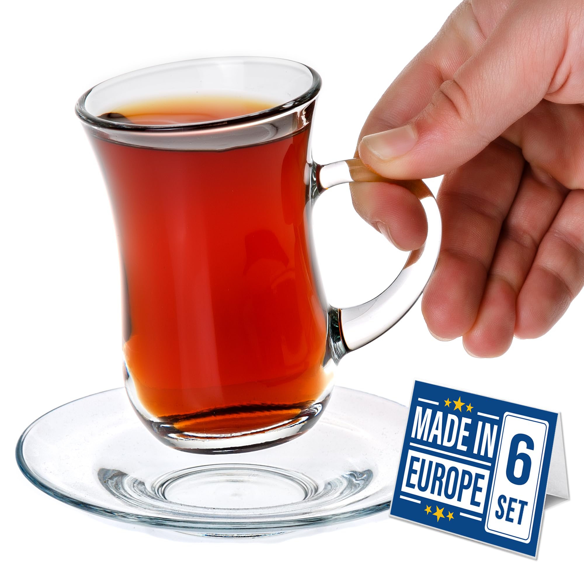 Volarium Small Turkish Tea Set 12 Piece Modern Turkish Tea Glasses & Saucers Set, 6 PCs 4.9 oz (145 cc) Clear Glass Tea Cups with Handle and 6PCs Glass Saucers