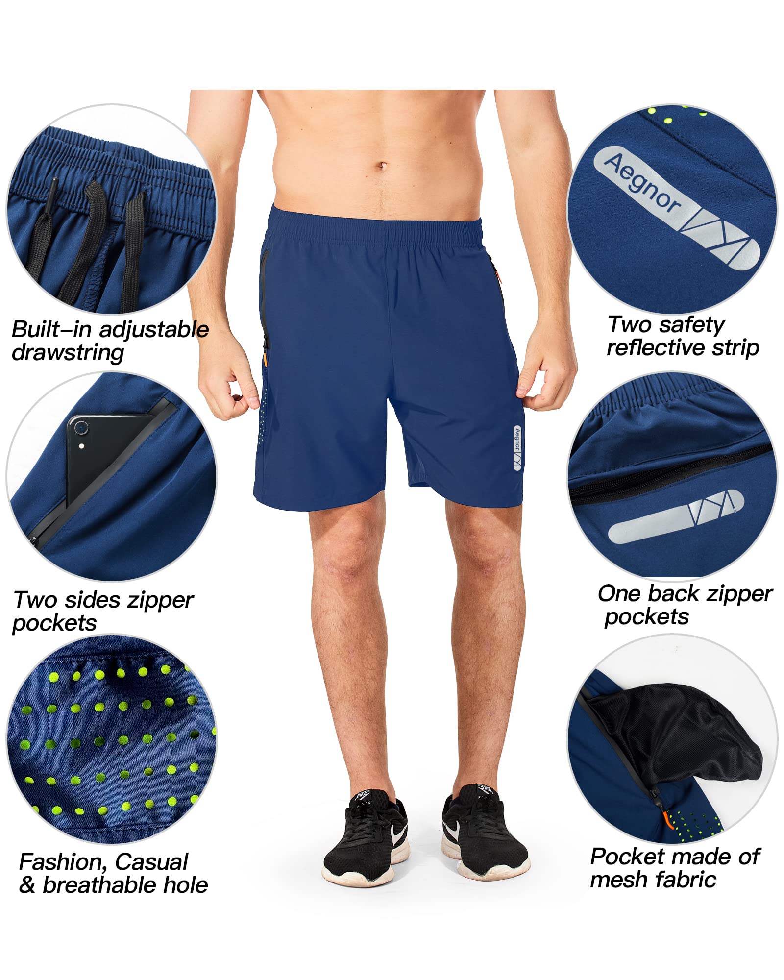 Aegnor Men's Athletic Shorts with Zipper Pockets Quick Dry Shorts Lightweight Workout Basketball Training Running Gym Shorts Blue