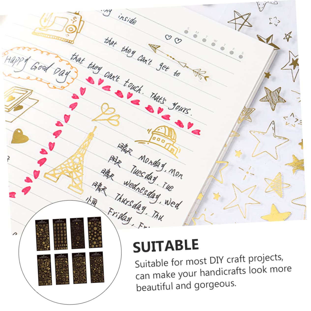 8 Sheets DIY Bronzing Stickers DIY Suitcase Stickers Decorative Decals Diary Decorative Sticker DIY Decals Scrapbook Stickers DIY Stickers Hand Account Stickers Phone Case Decals