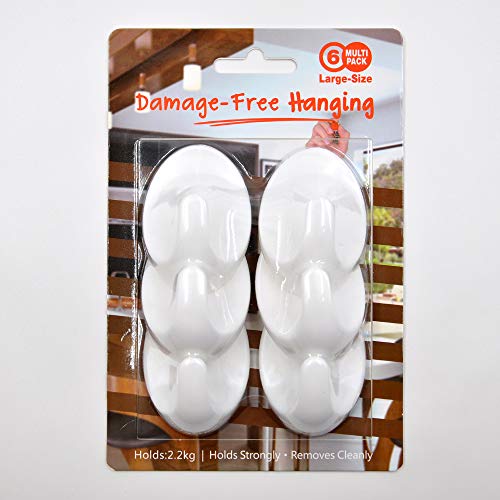 sunshine99 Adhesive Hooks,Damage-Free Hanging Wall Hook Large Utility Pothook Strong Waterproof Hanger for Robe, Coat, Towel, Keys, Bags, Home, Kitchen, Bathroom,Office (Large-Size)(6Pack White)