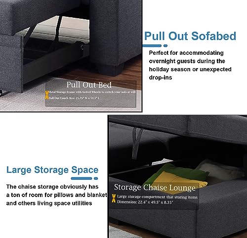asunflower Sleeper Couch Sectional Sofa with Pull Out Sofa Bed for Living Room 6 Seater Sleeper Sectional Couch with Storage Chaise U Shape Modular Sectional Sofa Bed,Dark Gray
