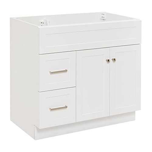 ARIEL 36" White Bathroom Vanity Base Cabinet, Right Offset Sink Configuration, 2 Soft-Closing Doors, 2 Full Extension Dovetail Drawers, 1 Enclosed Large Storage Shelf, Brushed Nickel