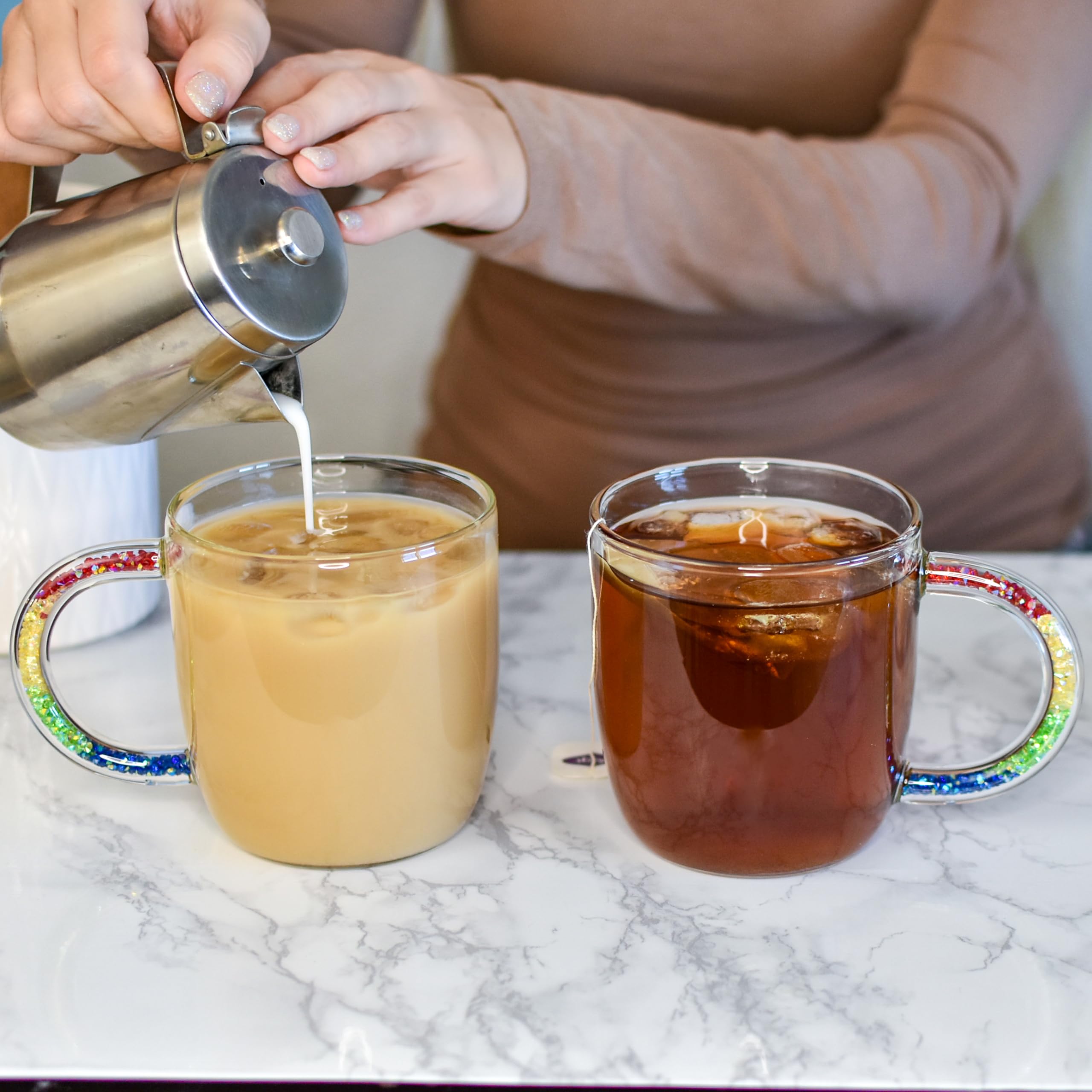 Aquach Large Glass Mugs Set of 2, Each 20oz Capacity with Handle Clear Glass Coffee, Tea, Beverage Cups