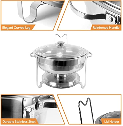 BriSunshine 2 Packs 4 QT Round Chafing Dish Set, Stainless Steel Chafing Dishes for Buffet, Food Warmers with Glass Lid & Holder for Weddings Parties Catering