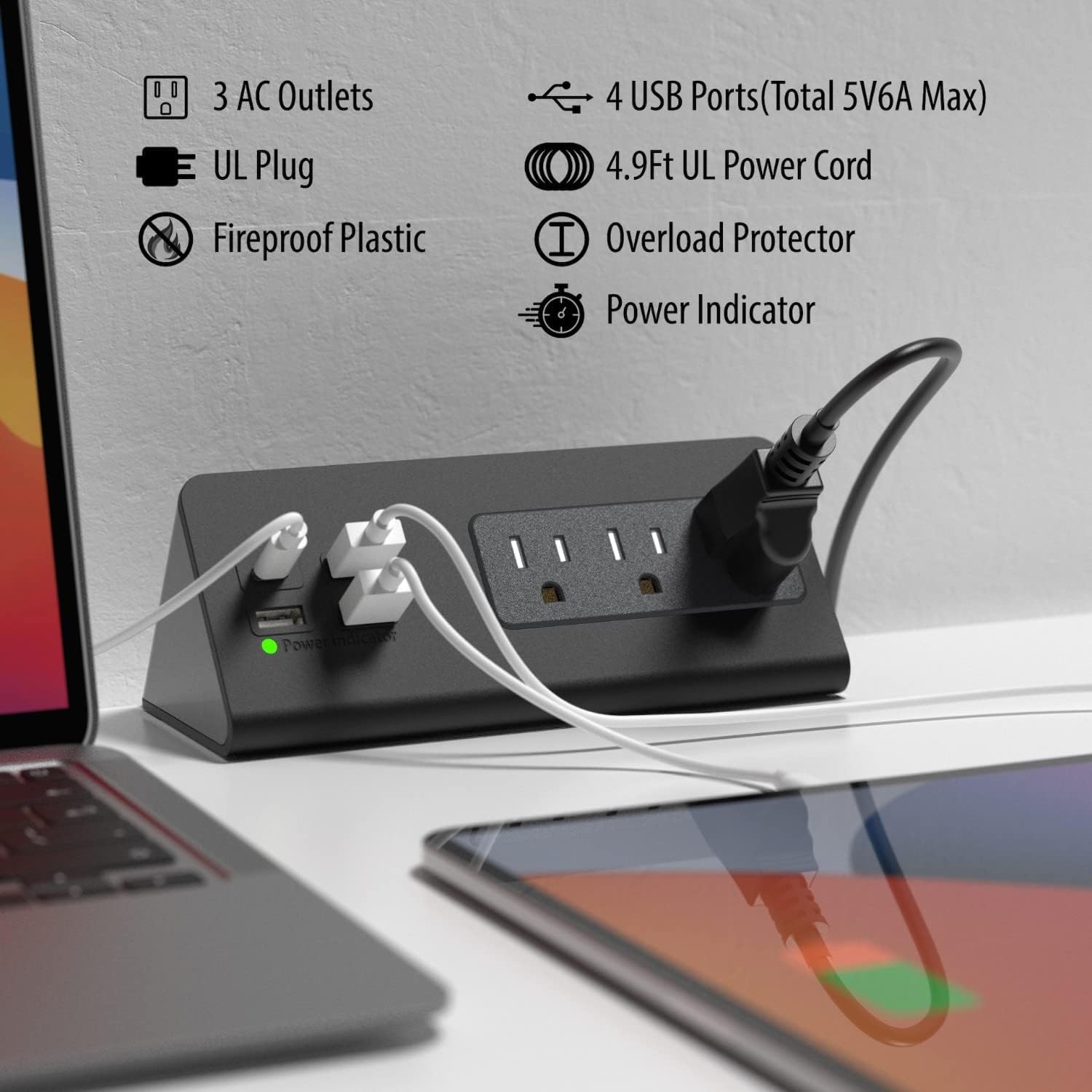Electriduct Edge Mount Nightstand Charger 6 Amp 1 USB-C Charging Port + 3 USB-A Charging Ports, 3 AC Power Strip Outlets Clamp Desk Power Center - Black