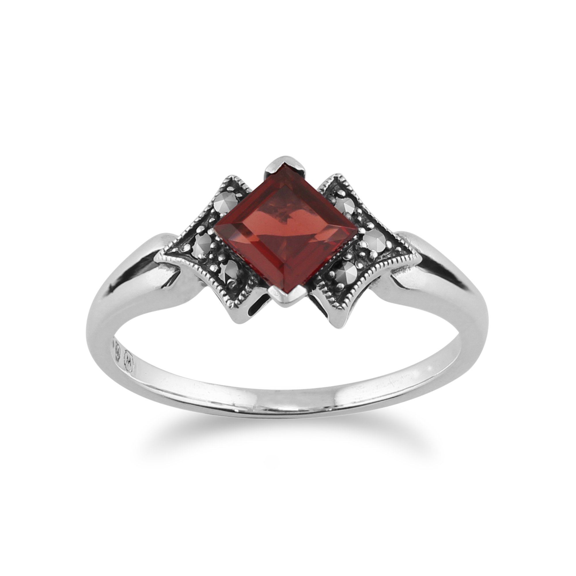 925 Sterling Silver Art Deco Garnet & Marcasite Ring