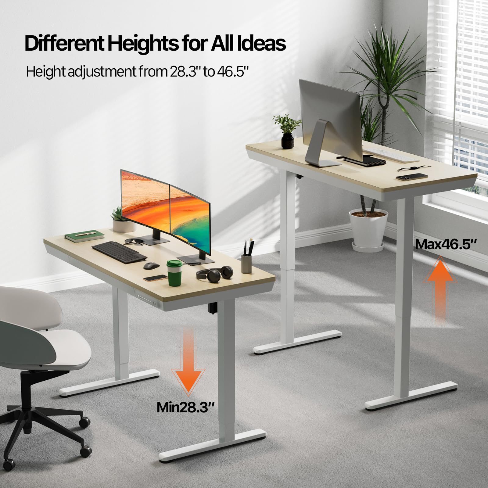 JYLH JOYSEEKER Electric Standing Desk with Drawers, Whole Piece 48 Inches Adjustable Height Desk, Modern Sit Stand Up Desk,Ergonomic Rising Desk for Home Office Workstation, Light Wood
