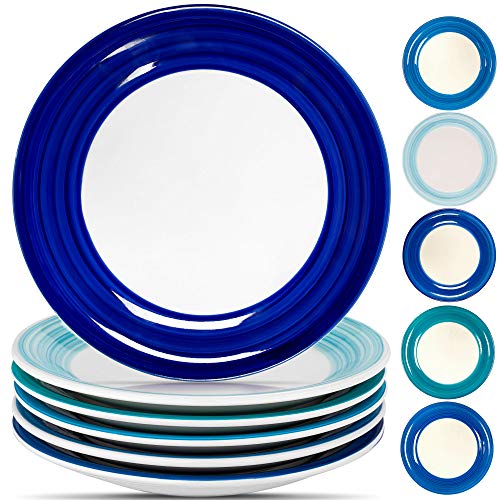 REOMORE Porcelain Dinner Plates Set of 6, 10.5 inch Ceramic Dessert Plates Set- Microwave, Oven, and Dishwasher Safe Salad Plates Kitchen Dinnerware Set, Assorted Blue Colors