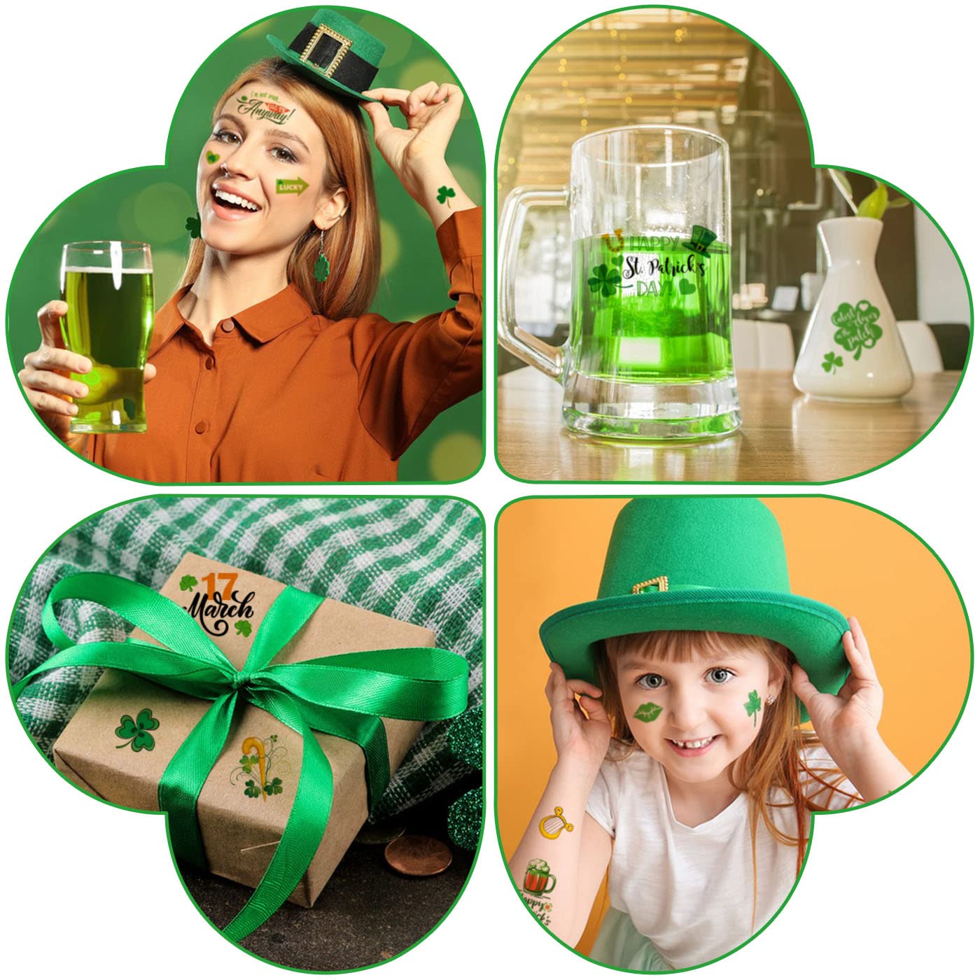 80Pcs St Patricks Day Tattoos Decorations Accessories, 12 Sheets Shamrock Temporary Tattoo Stickers for Kids Women, Irish St. Patrick's Day Parade and Favors Party Decorations