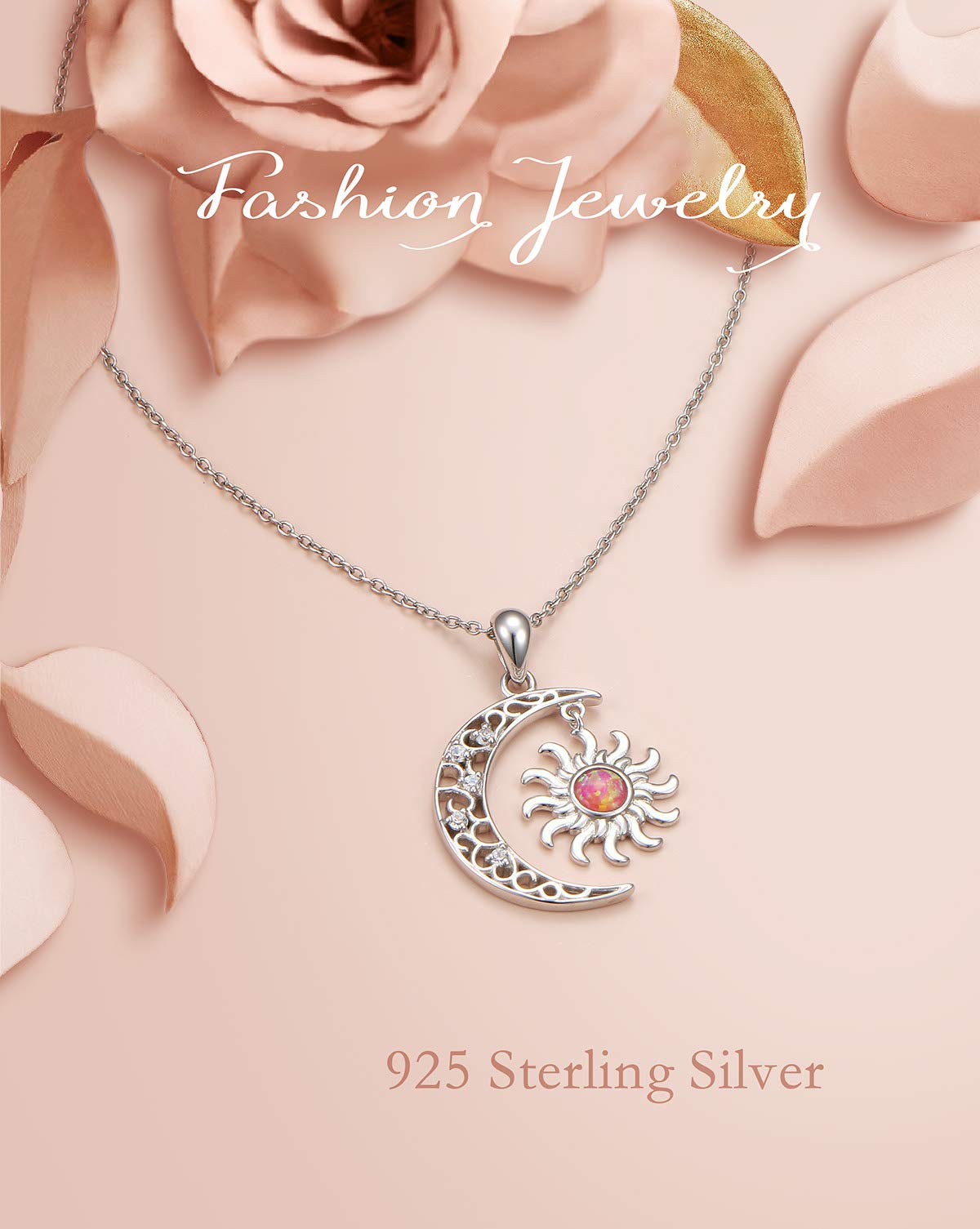 925 Sterling Silver Sun and Moon Necklace for Women Celtic Crescent Moon Opal Sun Pendant Birthday Gift Jewelry