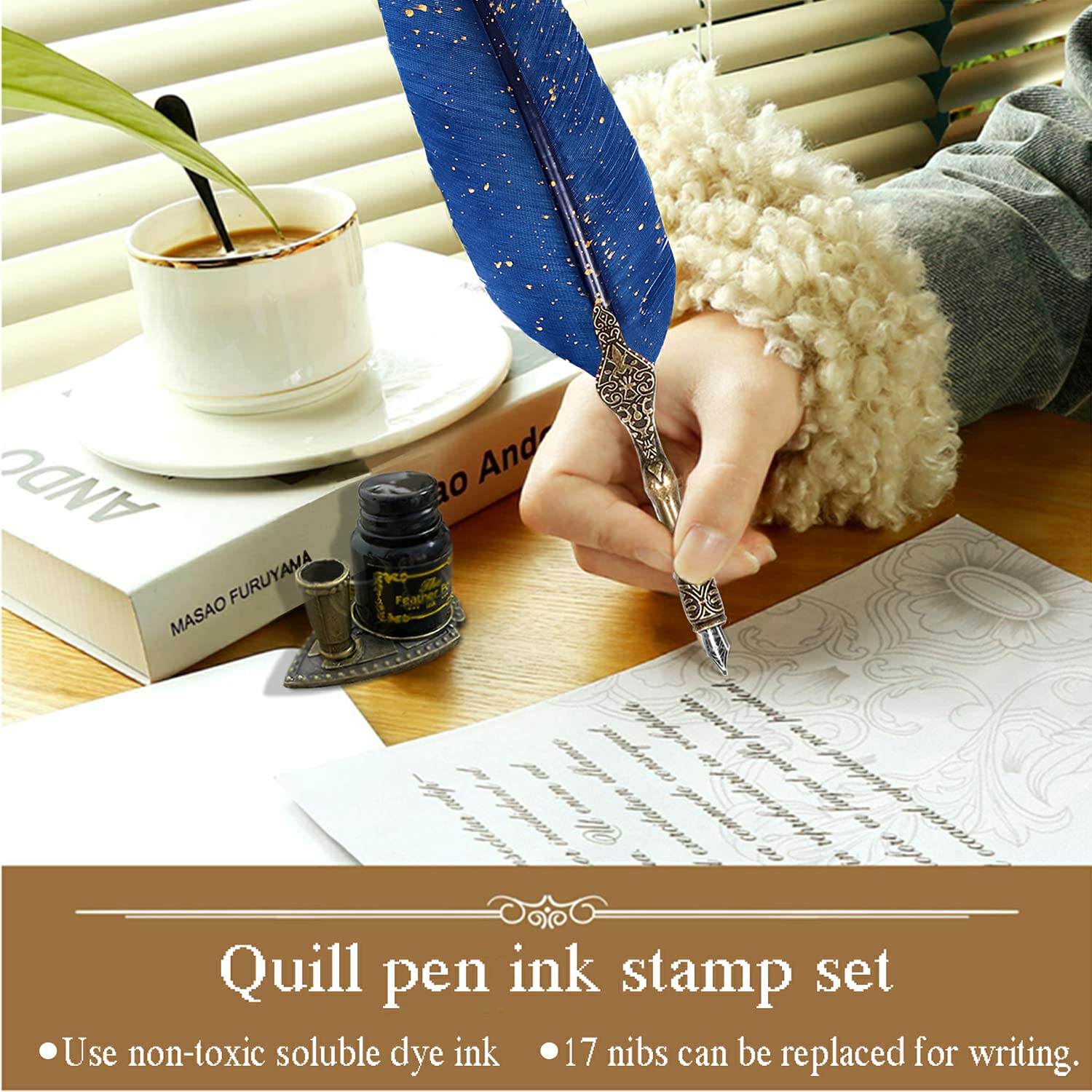 AIYNC Quill Pen Ink Set,Includes Feather Pen and wooden dip pen, Ink,17 Replacement Nib,Pen Nib Base,3 Wax Seal Sticks,Stamp,White Wax,Spoon, Envelope Letter Paper,envelope tool (Black)