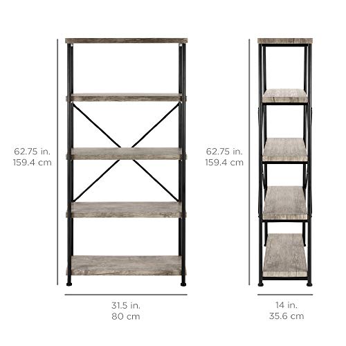 Best Choice Products 5-Tier Rustic Industrial Bookshelf Display Décor Accent for Living Room, Bedroom, Office w/Metal Frame, Wood Shelves - Gray