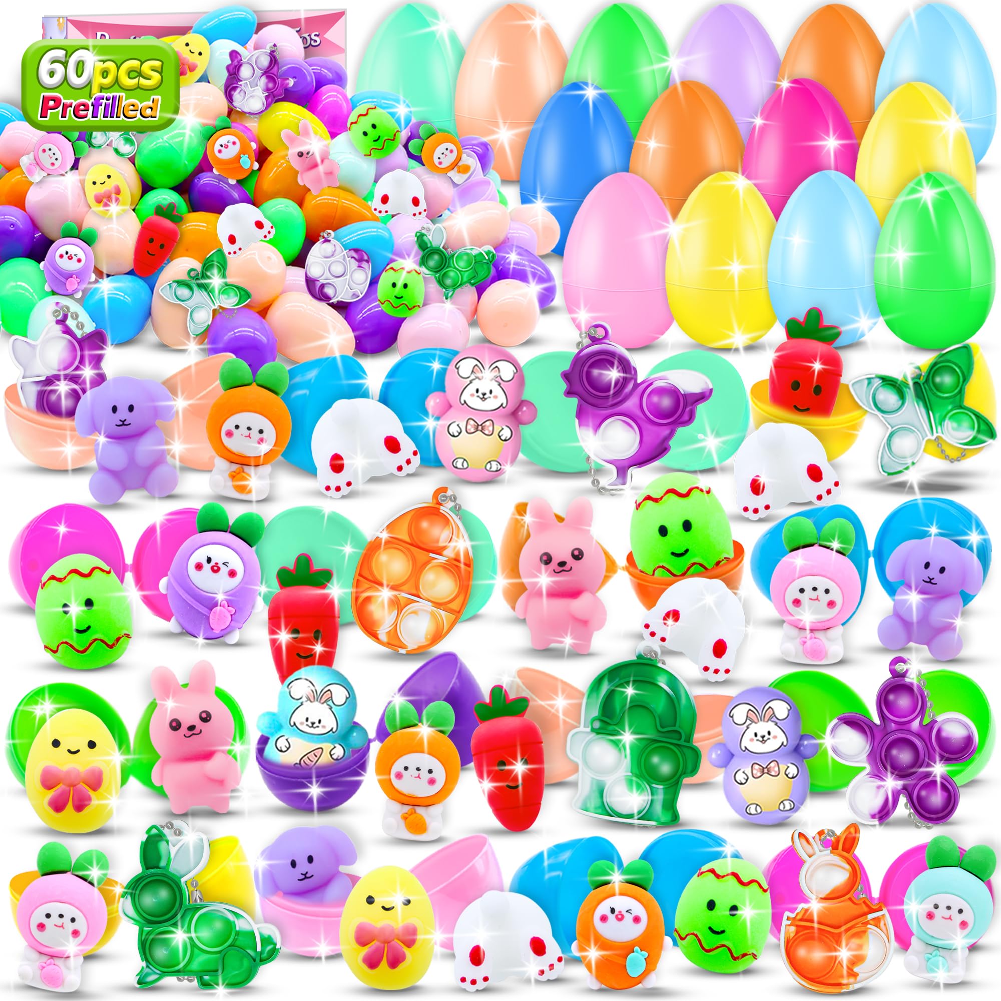 60 PCS Prefilled Easter Eggs with Toys Inside, Basket Stuffers,Bulk Easter Eggs Fillers with Mini Pop Keychain,Plastic Easter Egg Filled with Squishy Toys Rabbit, Easter Easter