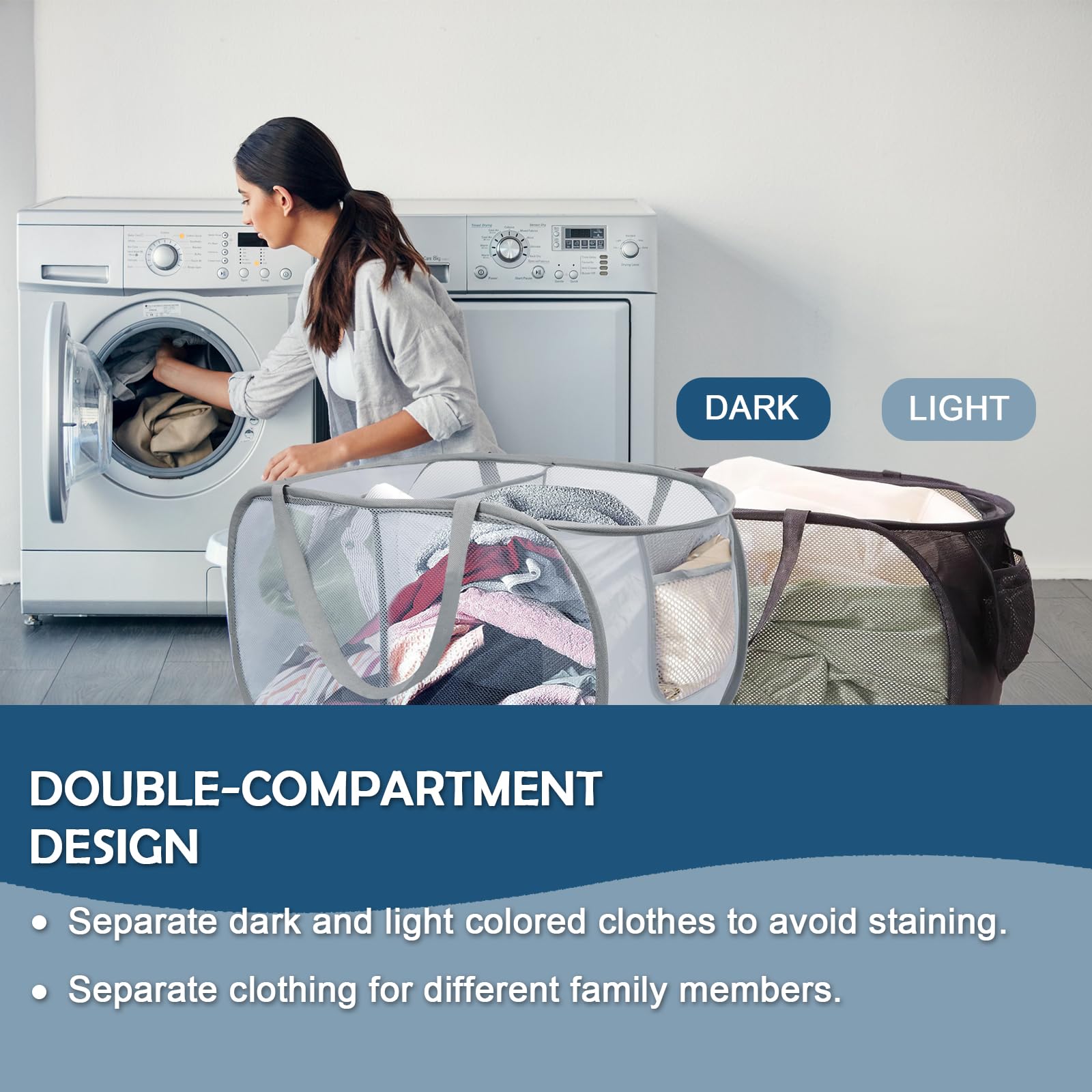 Violinak 4 Pack Collapsible Laundry Baskets Dual Compartment, Mesh Pop Up Hamper with Easy Carry Handles, Foldable laundry hamper for College Dorm, Kids Room, Laundries and Travel, toy storage basket