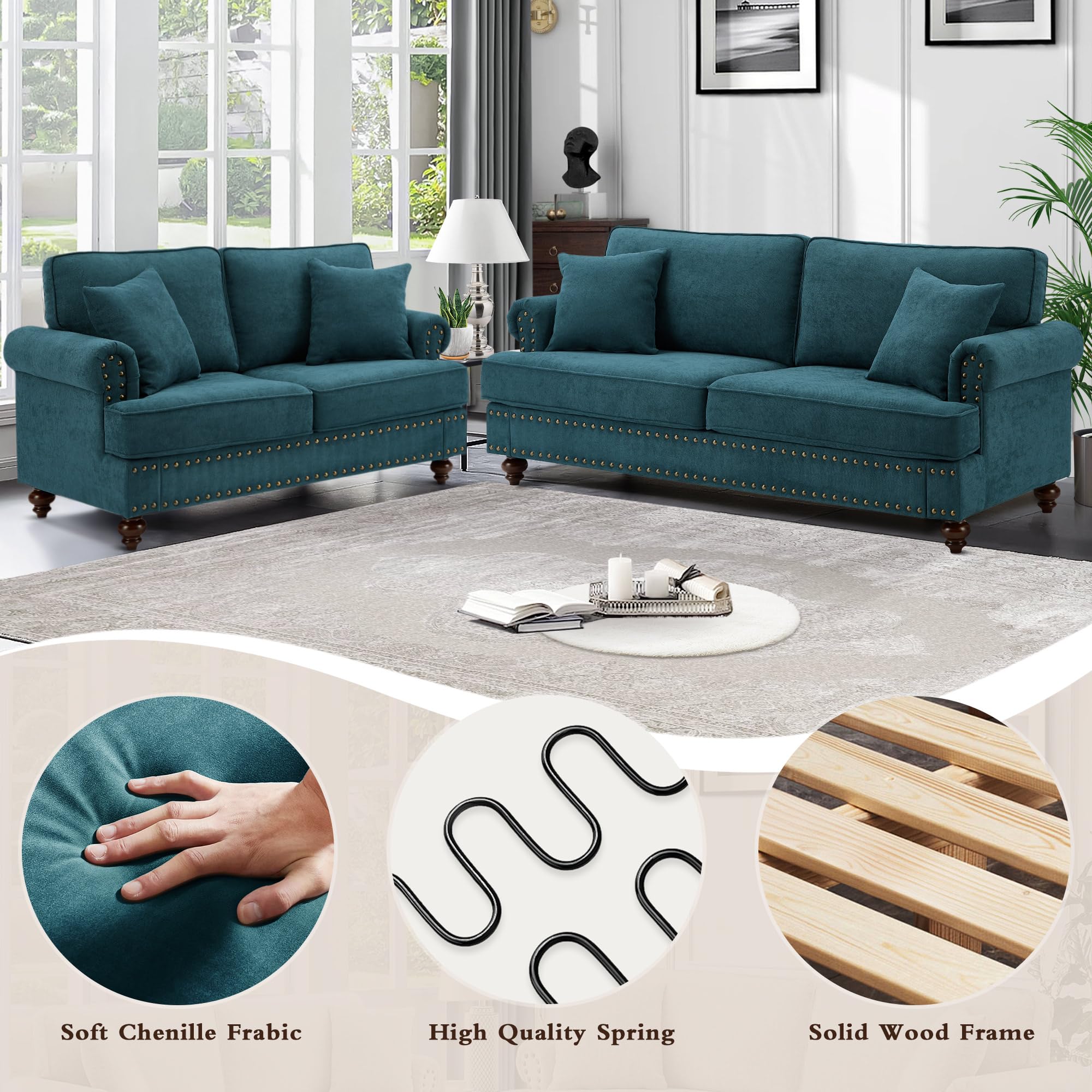 Mid Century Modern Sofa Set, Comfy Chenille Living Room Furniture Sets, Sectional Sofa and Loveseat Set Upholstered Couch Set Nailhead Trim Rolled Arms juegos de muebles de sala (White, 3 Piece)