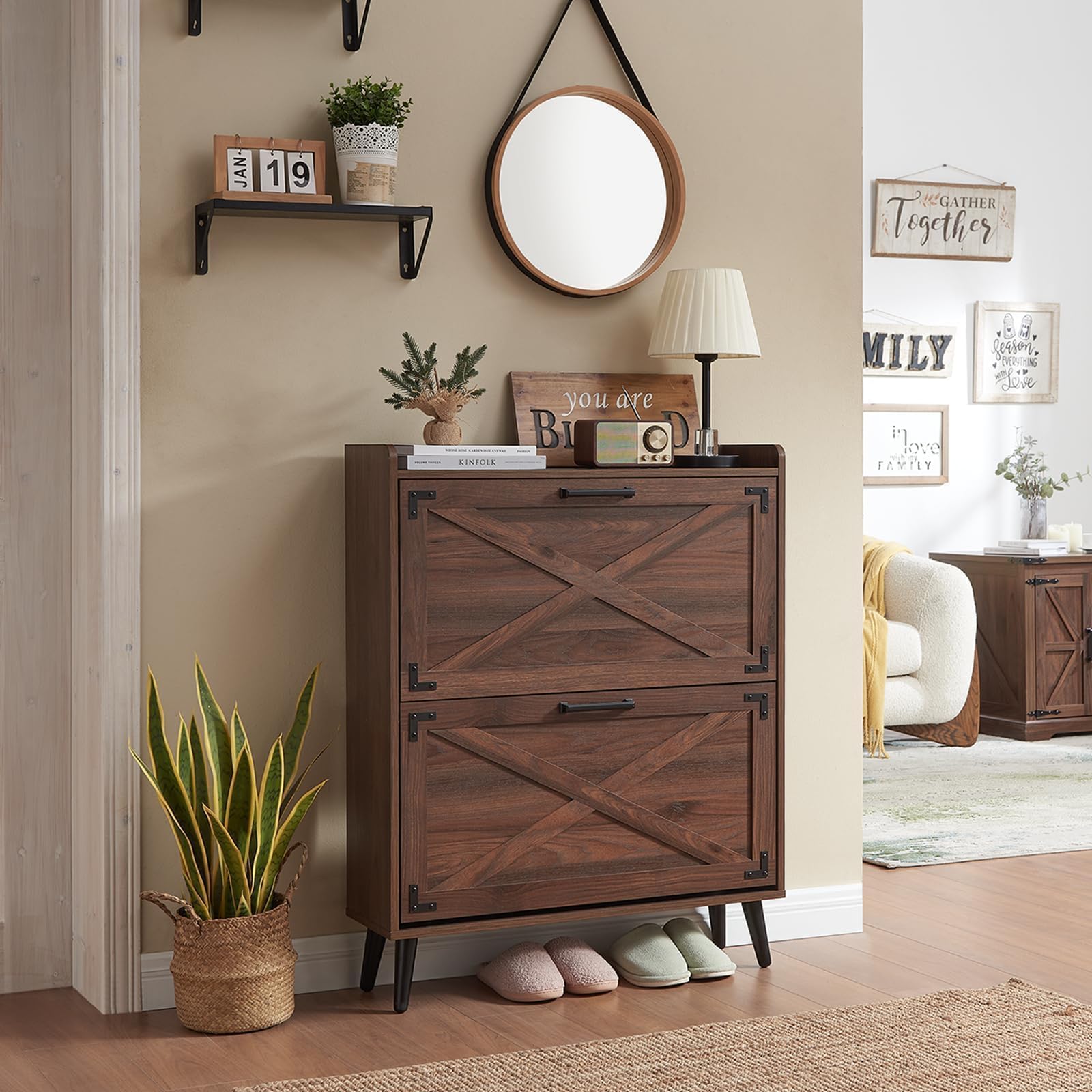 Barnyatoh Shoe Storage Cabinet,Farmhouse Shoe Organizer with 2 Flip Drawers & Barn Door Design,Freestanding Hidden Slim Narrow Shoe Rack Cabinet for Entryway,Foyer,Hallway,Walnut