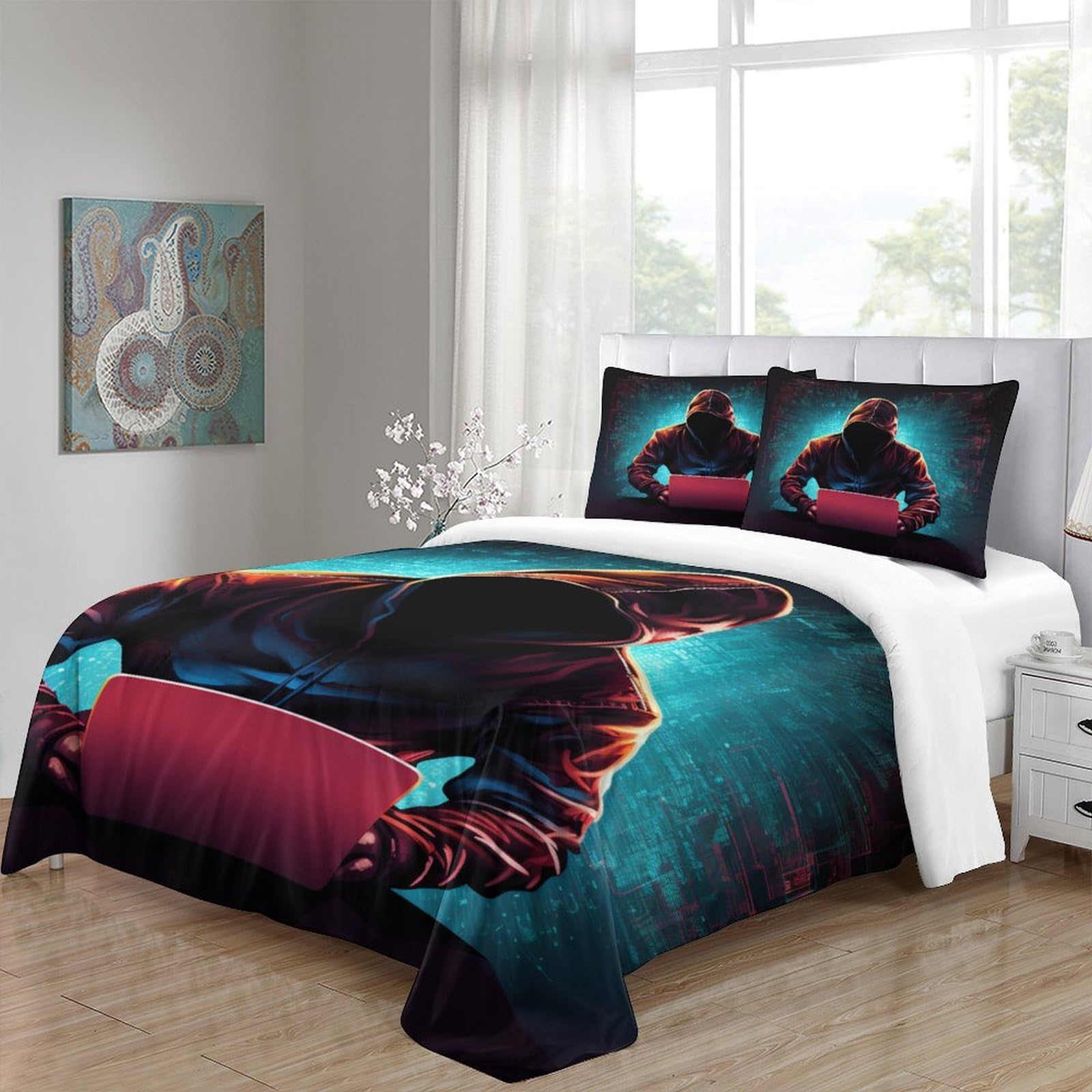 EVMILA Mystery Hacker for Teens and Adults 3D Print Computer Quilt Cover Duvet Cover Comforter Covers Soft Microfiber with Pillow Cases with Zipper Closure Bedding Set 3 Pieces Twin(173x218cm)