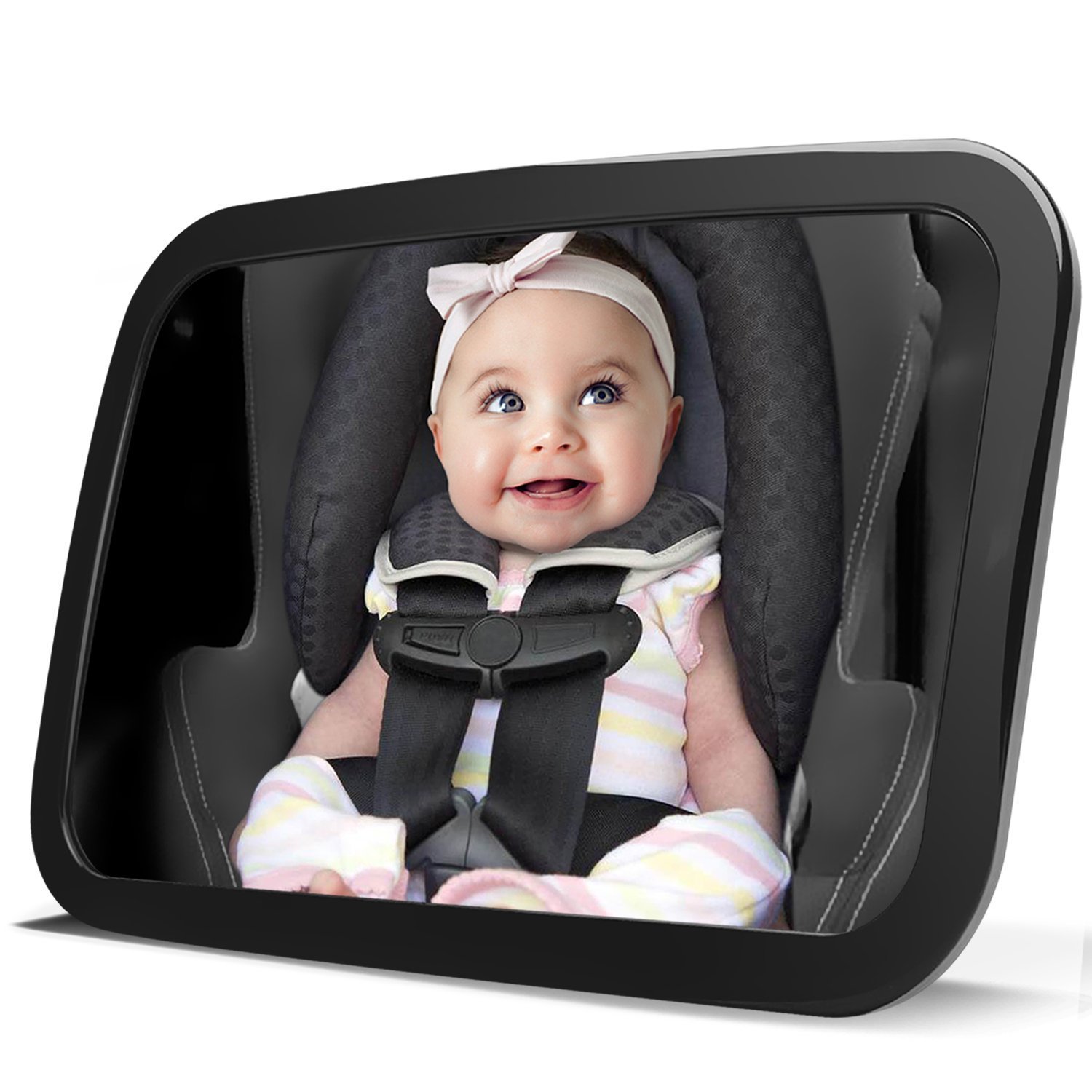 LanChuon Safety Baby Car Mirror for Back Seat, Updated Large and Stable Rear Facing Car Seat Baby in-Sight Shatterproof Mirror with Cloth, Adjustable Double Strip, 11.8 Inch Long