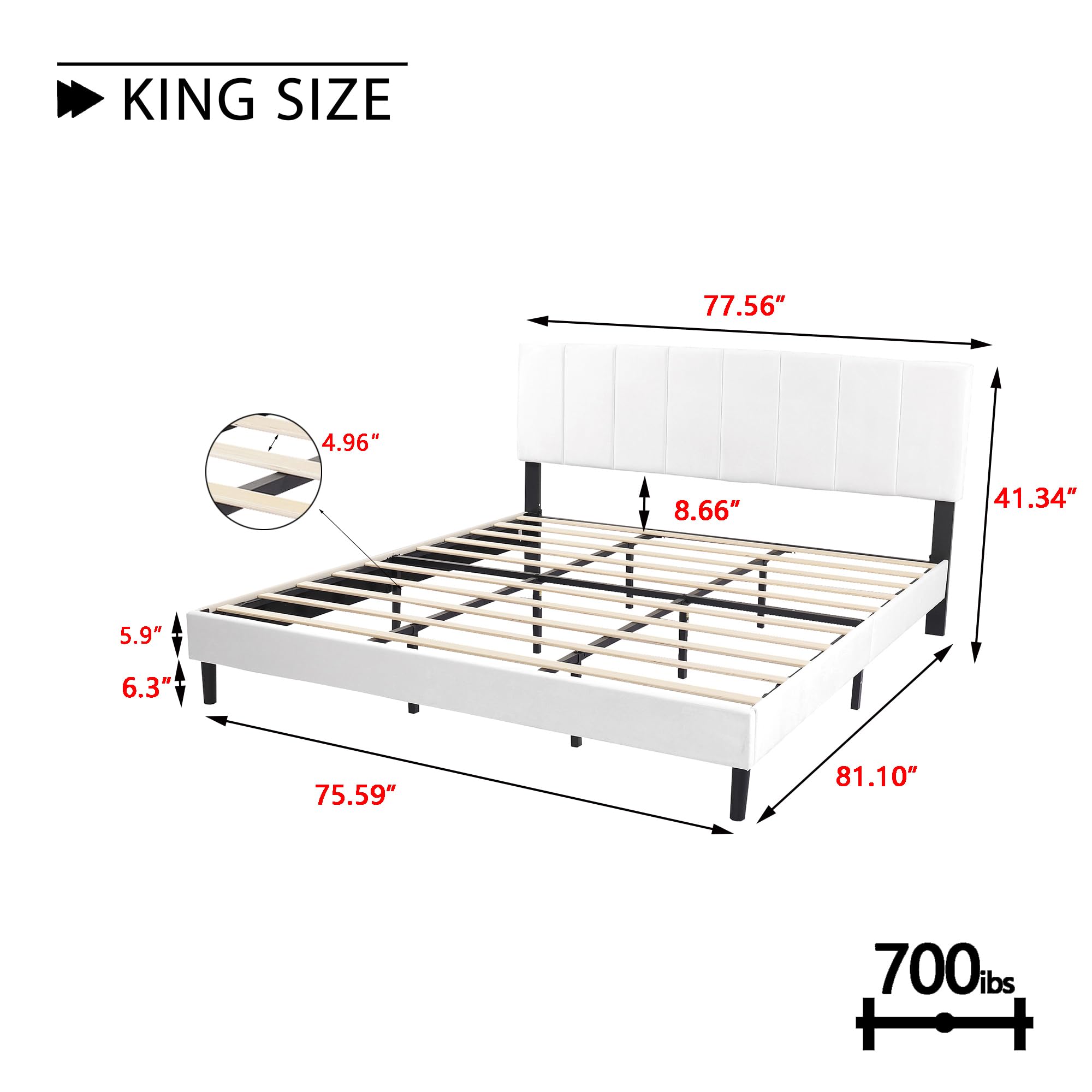 alazyhome Upholstered King Size White Platform Bed Frame with Velvet Upholstered Headboard Wooden Slats Support No Box Spring Needed Easy Assembly