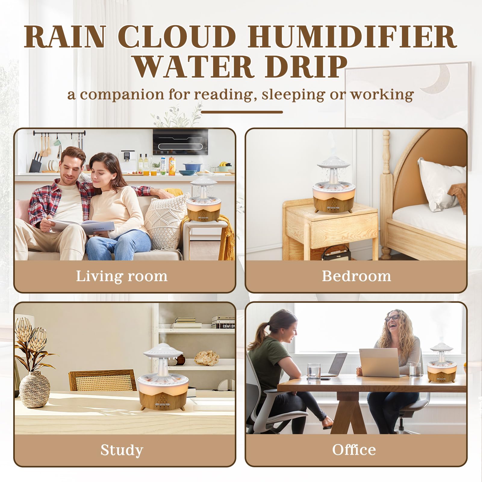 Rain Cloud Humidifier Water Drip, 7 Colors Night Rain Diffuser with Remote Control Timing, Mushroom Diffuser Lamp, Rain Sounds for Sleeping, Desk Fountain (Wood Grain)