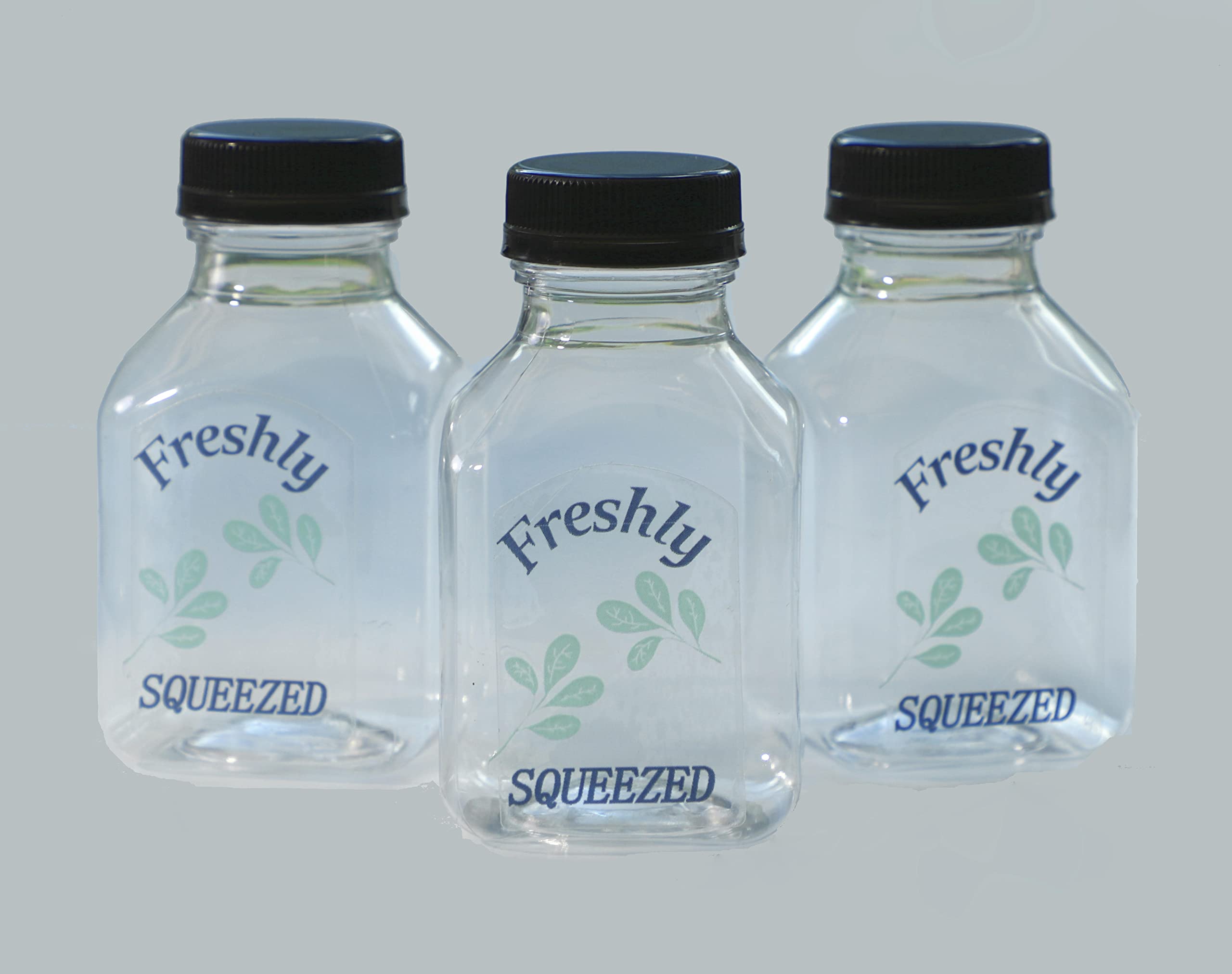 8 fl. oz. Square Juice Bottles w/ Tamper-Evident Caps (black) | 6 Pack | Reusable Clear Plastic Bottles for Juicing, Smoothies, Milk, Water, and other Beverages. Fruit Stickers included for labelling.