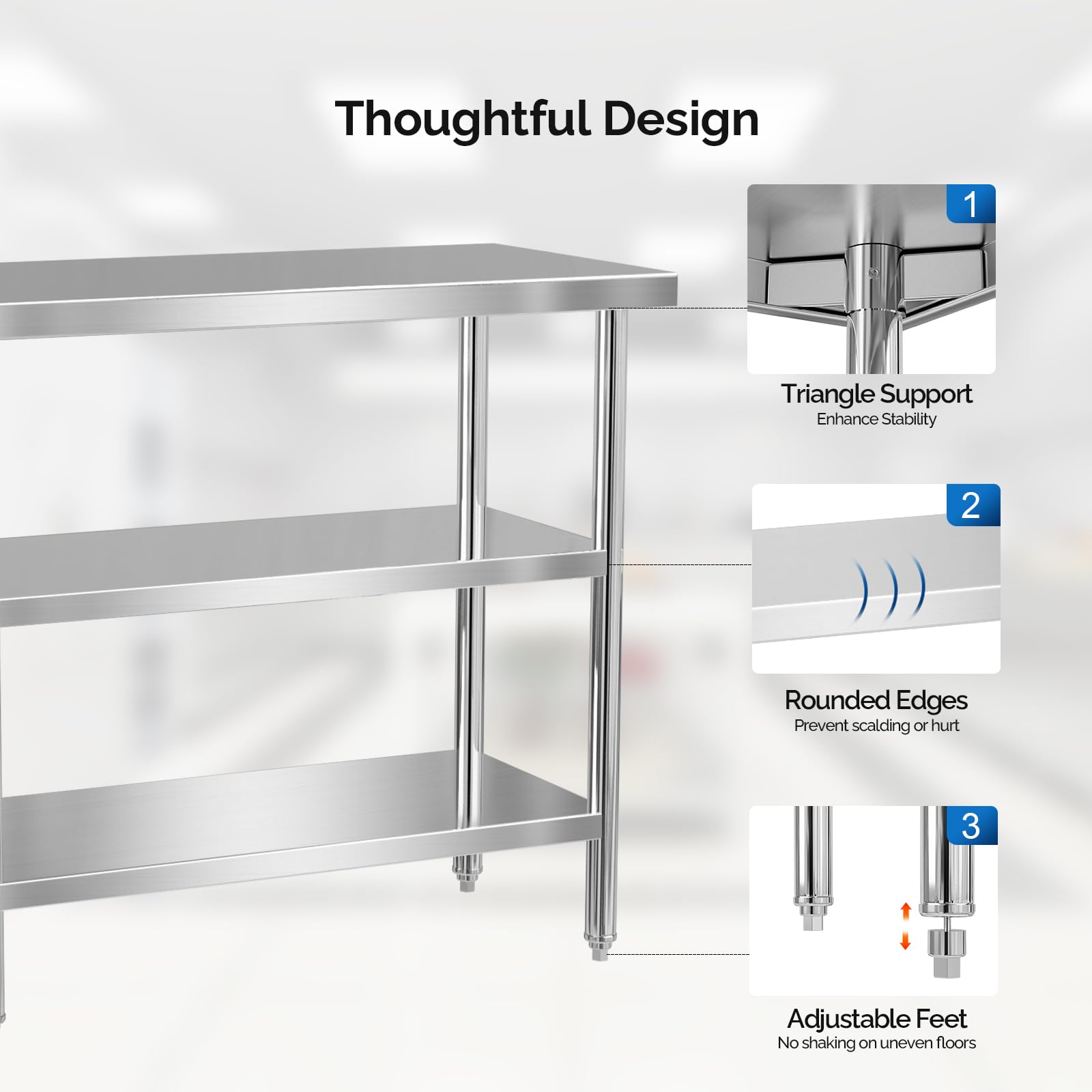 ROVSUN Stainless Steel Table with 2 Shelves 36 X 18 Inch, NSF Commercial Heavy Duty Prep & Work Table, Metal Utility Table for Kitchen, Restaurant, Home, Hotel, Garage