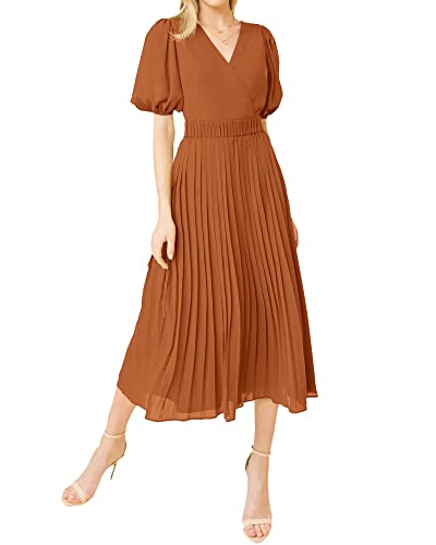 BTFBM Women Casual Dresses 2023 Summer Boho Wrap V Neck Puff Short Sleeve Beach Party Flowy Pleated A-Line Maxi Dress(Solid Brick Red, Large)