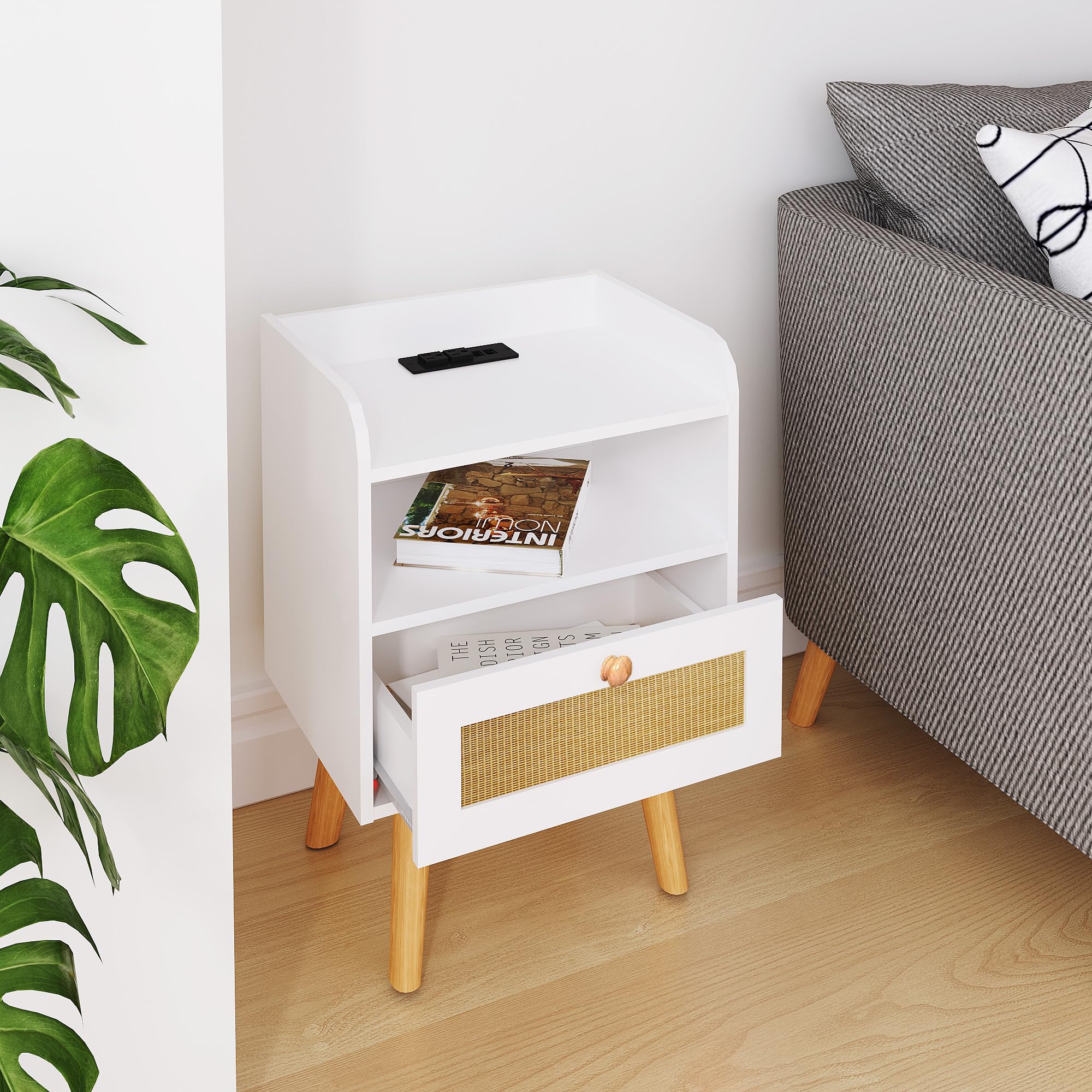 Gyger Nightstand Set of 2,Wood Nightstand with Charging Station,Bed Side Table with Rattan Decor Drawer,Small Night Table with Storage for Bedroom,White