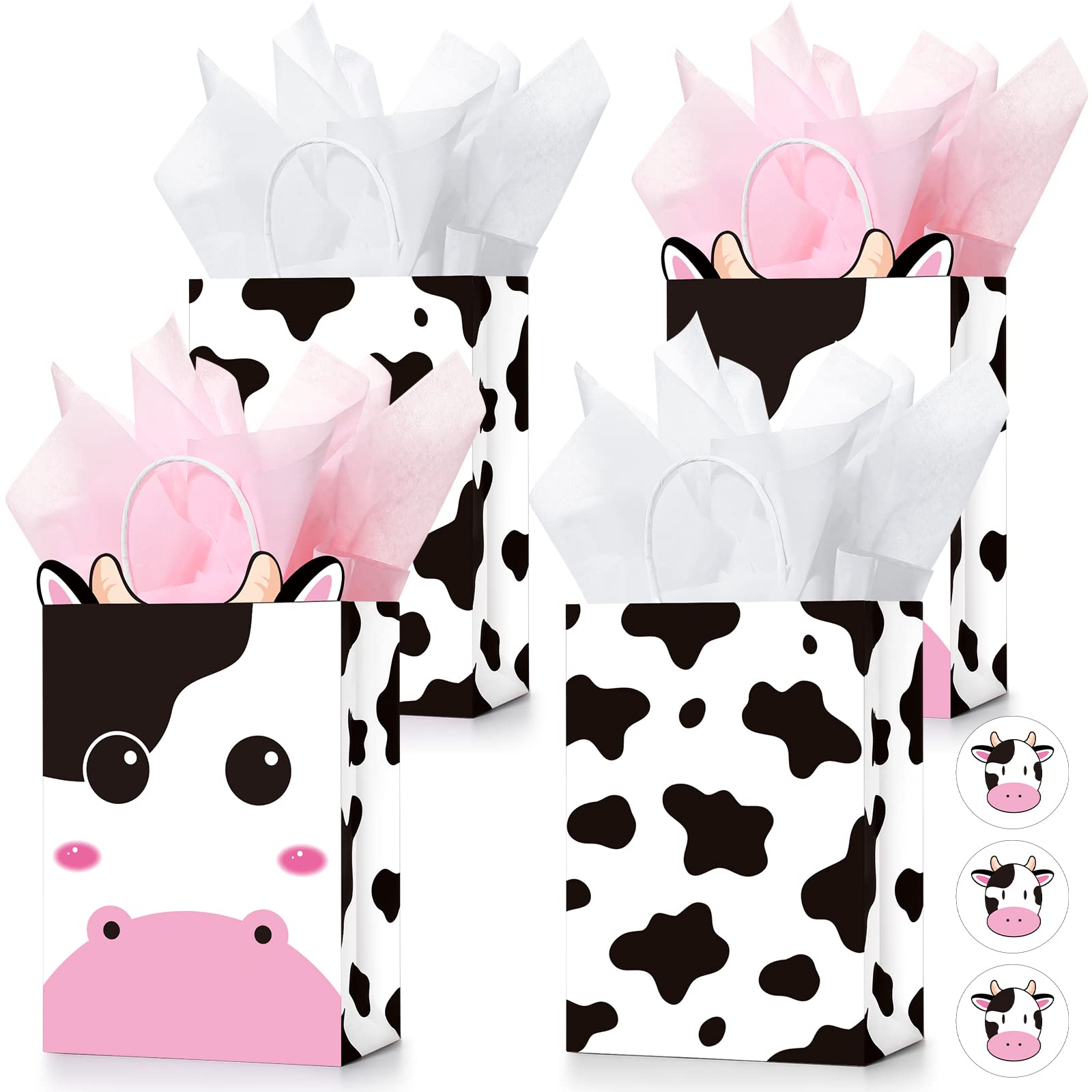 Nezyo 16 Set Cow Party Favors Bag with Tissue Paper and Stickers, Cow Print Gifts Bags with Handles, Farm Themed Goodie Treat Candy Kraft Paper Bags for Kids Cow Farm Animals Birthday Party Supplies
