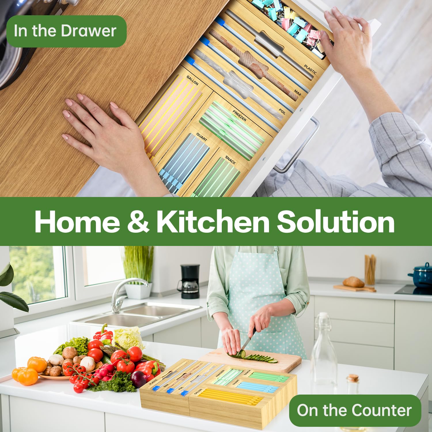 8 in 1 Plastic Wrap Dispenser with Cutter and Bag Organizer, Bamboo Plastic Bag Organizer for Drawer, Kitchen Organizers and Storage, Kitchen Drawer Organizer for Gallon,Quart,Sandwich,Snack Bag