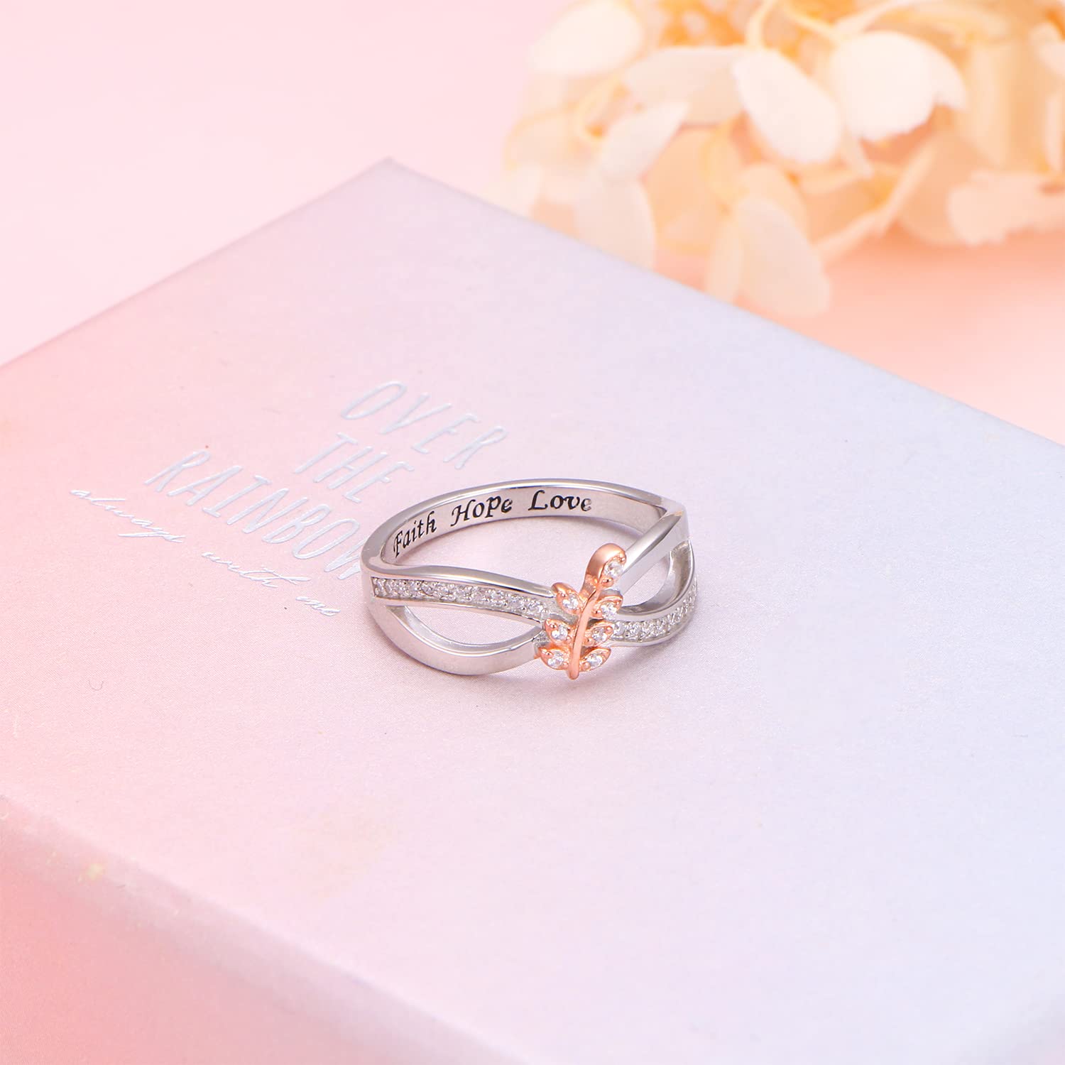 925 Sterling Silver Engraved Faith Hope Love Criss Cross Olive Leaf Ring for Women Lady Size 8
