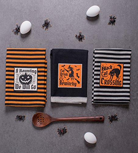 DII Happy Halloween Dishtowel Collection Embellished Cotton Kitchen Hand Towel Set, 18x28, Happy Haunting, 3 Count