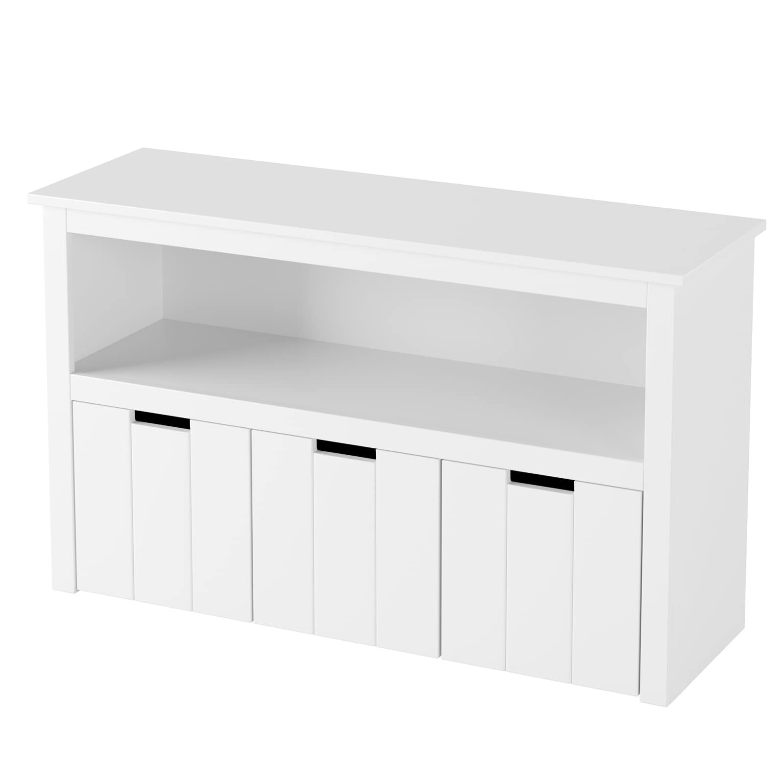 FOTOSOK Toy Storage Cabinet with 3 Movable Drawers, Floor Storage Organizer with Hidden Wheel & Large Open Bookhelf, Organizer Chest for Playroom, White