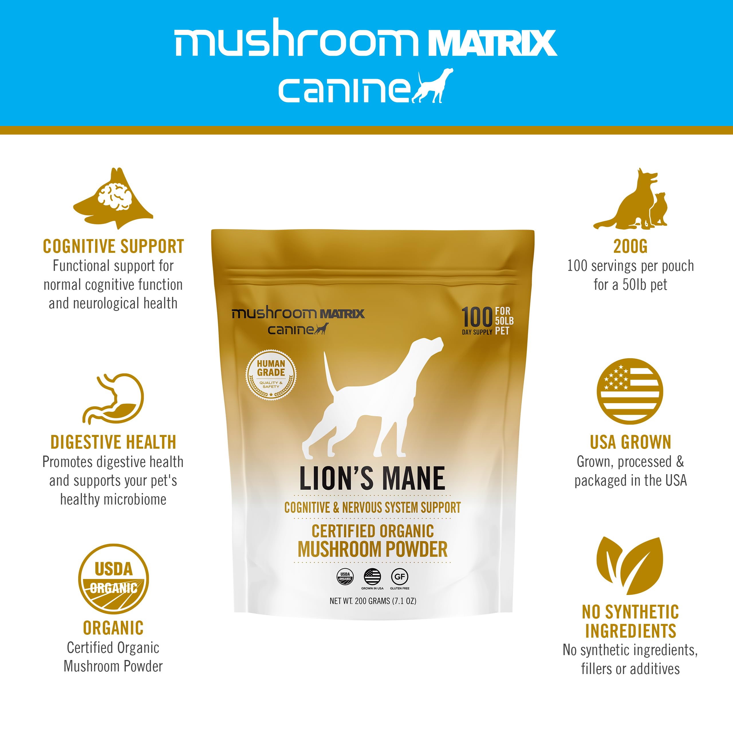Om Mushroom Matrix Pet - Canine | Lion’s Mane | USA Grown Human-Grade Organic Mushroom Powder Pet Supplement | Cognitive Support & Holistic Digestive Support for Dogs & Cats | 200 Grams, 7.1 oz