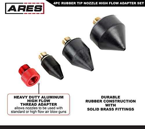 ARES 17005 β 4-Piece Rubber Tip Nozzle Accessory Set for Any Air Blow Gun β Includes 3 Rubber Tip Sizes and High Flow Adapter β Rubber Tips Protect Finished Surfaces During Use