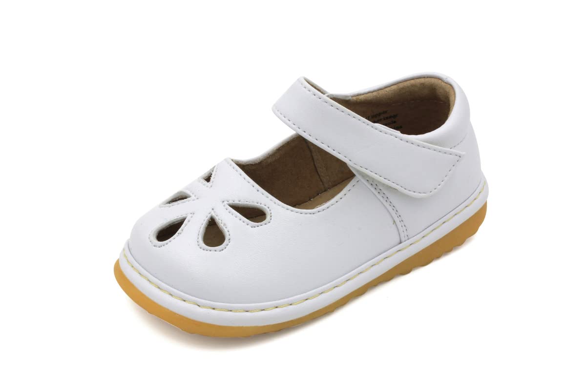 Little Mae's Boutique Mary Jane White Flower Punch Squeaky Shoes for Toddler Girls, Ideal Toddler Walking Shoes with Removable Squeaker and Adjustable Strap - Flexible Sole Baby Shoes (4)