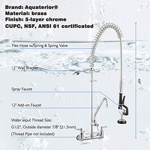 Aquaterior 44" Height Wall Mount Commercial Kitchen Pre Rinse Faucet Restaurant Sink Sprayer Faucets with Add-on Riser 12Inch Rotatable Spout CUPC NSF CEC