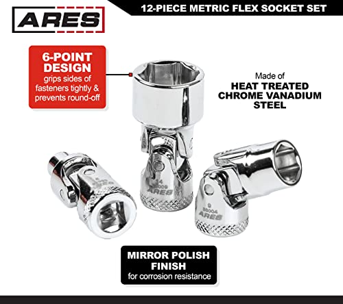 ARES 39009-12-Piece 1/4-Inch Drive Metric Flex Socket Set - 6 Point Sockets Constructed From Premium Heat Treated Chrome Vanadium Steel - Storage Rail Included