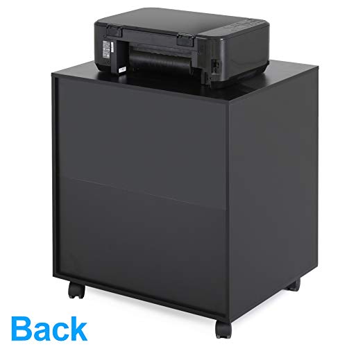 FITUEYES Printer Stand with Storage Adjustable Shelves, Wood Mobile Cart with Door, Rolling File Cabinet on Wheels for Home Office, Black, PS406001WB