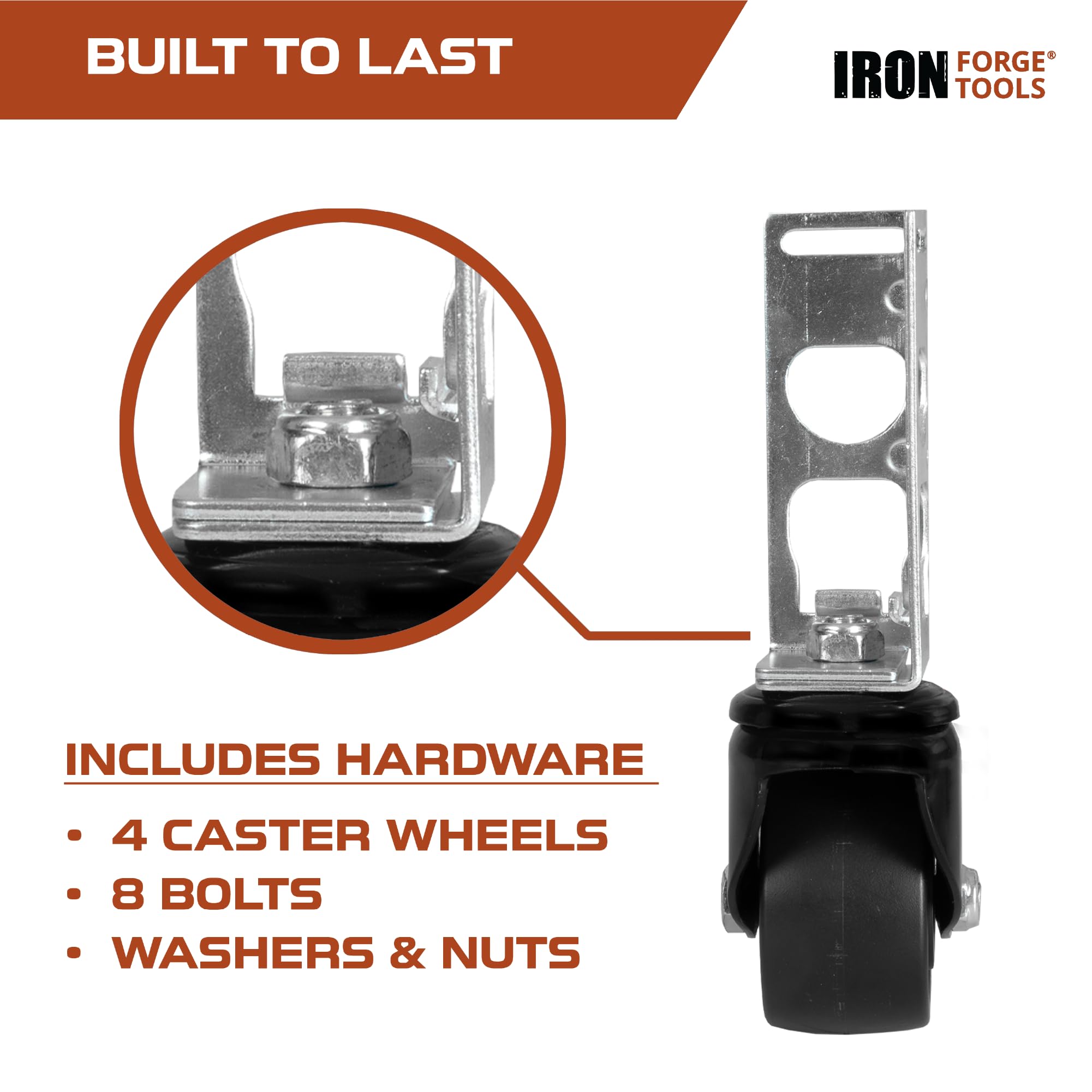 Iron Forge Tools Rolling Storage Rack Caster Wheels Heavy Duty - Set of 4 Locking Caster 3 Inch 1360 lb. Capacity for Boltless Self Locking Shelving Racks, Nylon and Steel Ball Bearing Wheels