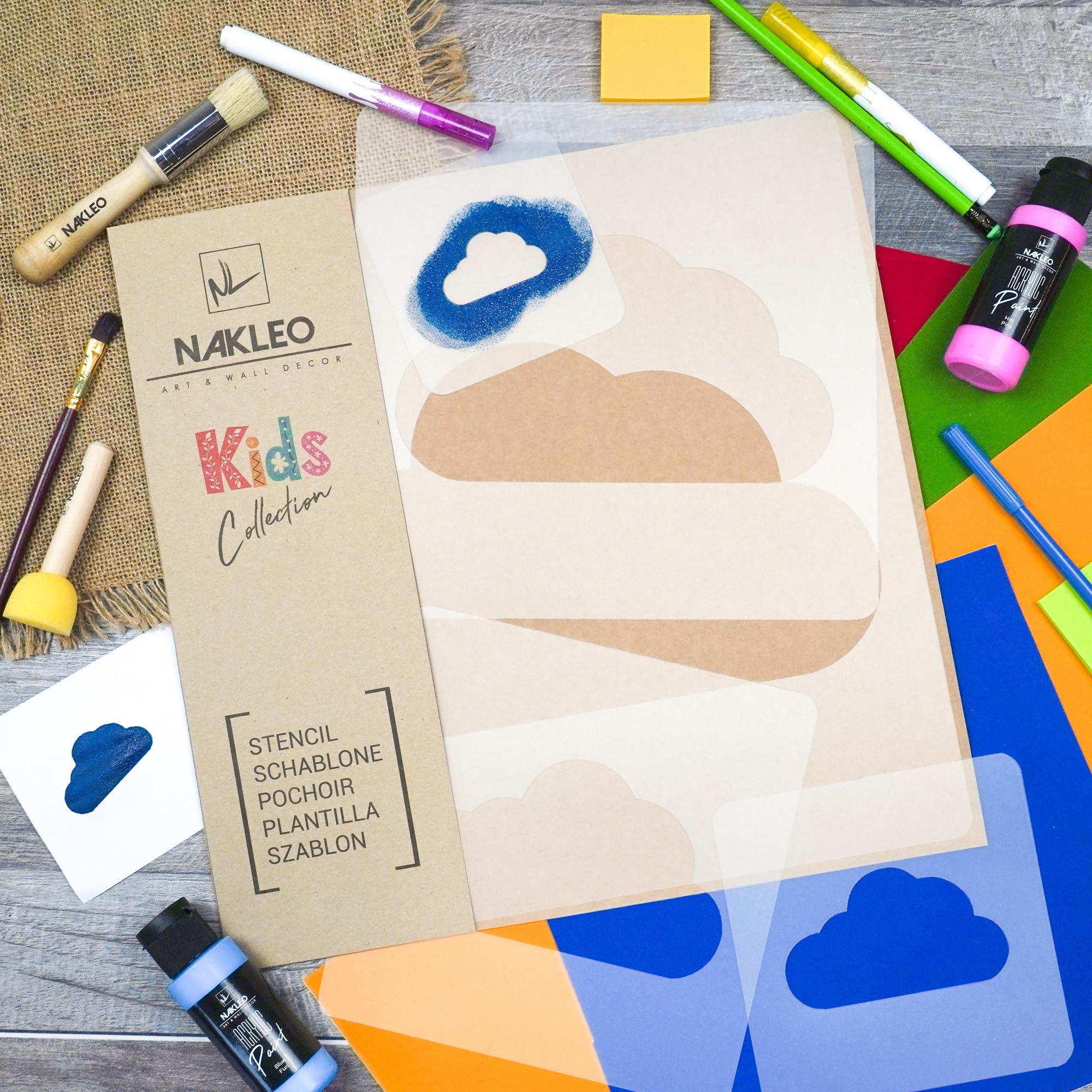 NAKLEO 5 pcs Reusable Plastic Stencils - Cloud Cloudlet Nimbus - 13.4" to 3.5" - Pattern Children Kids Painting Template Room Decor - Craft DIY Wall Furniture