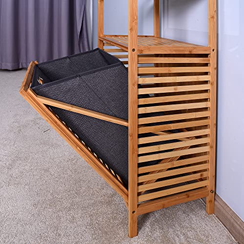 Bamboo Tilt-Out Laundry Hamper Cabinet Free-Standing Ventilated Dirty Clothes Organizer with 2-Tier Storage Shelf & Removable Fabric Bin for Bathroom, Bedroom, Living Room
