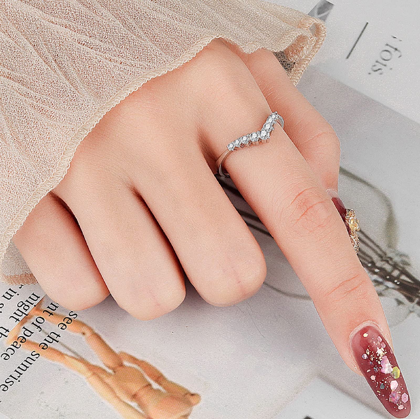 925 Sterling Silver Natural Diamond Stylish V-Shaped Microset Zircon Ring Cubic Zirconia Promise Rings CZ Shiny Anillos Para Mujer Diamond Ring Eternity Engagement Wedding Band Ring for Women (6)