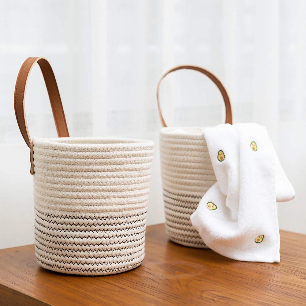 HIGOGOGO 2 Pack Wall Hanging Cotton Storage Baskets, Small Rope Baskets with Leather Handle Door Closet Organizer Woven Baskets for Keys, Wallet, Plants, Towels, Toys, 7.87" x 7"
